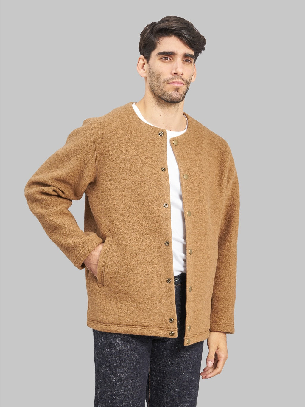 Jackman Wool Collarless Cardigan Camel