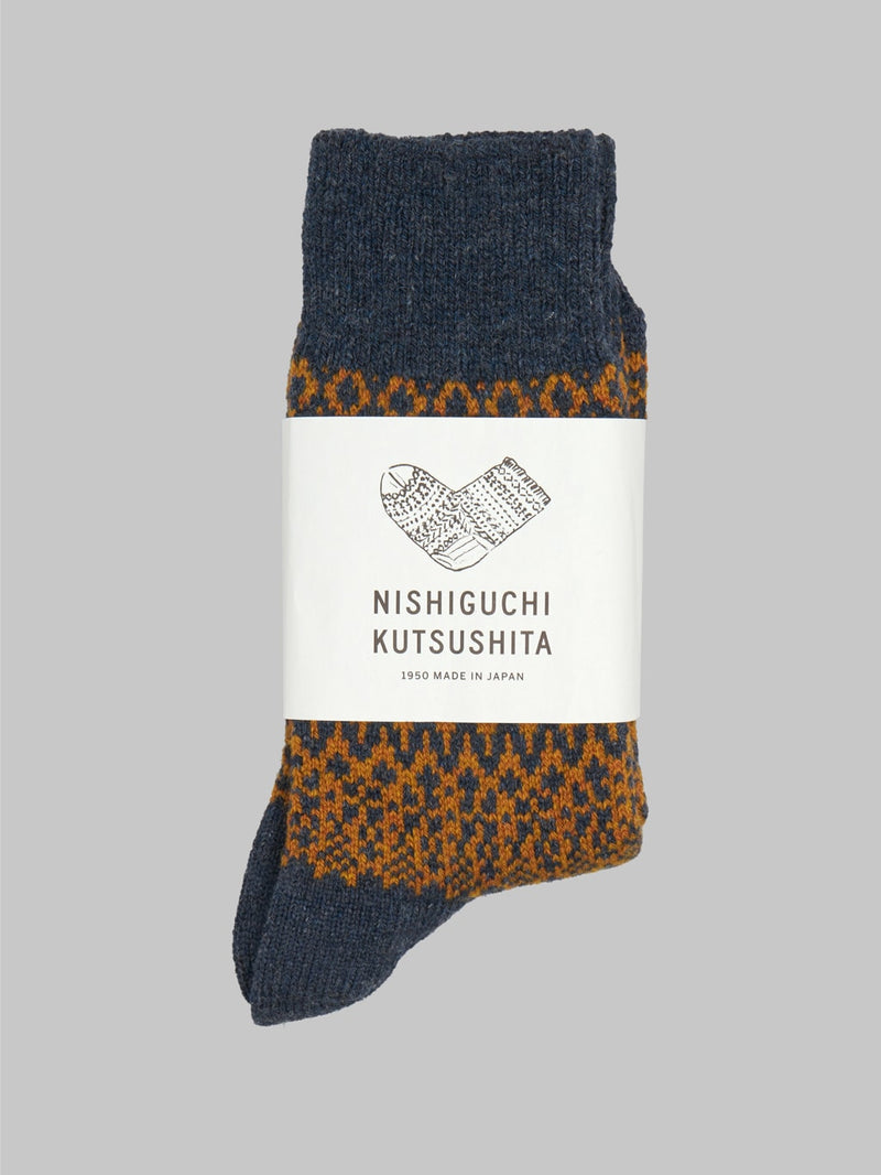 Nishiguchi Kutsushita Wool Jacquard Socks Navy & Orange | Japan