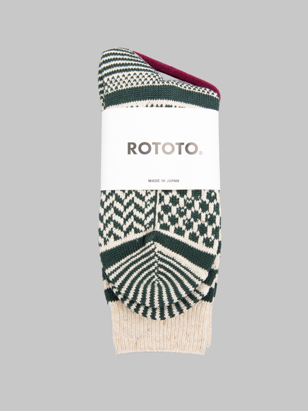ROTOTO Multi Jacquard Crew Socks Ivory / Dark Green | Made in Japan