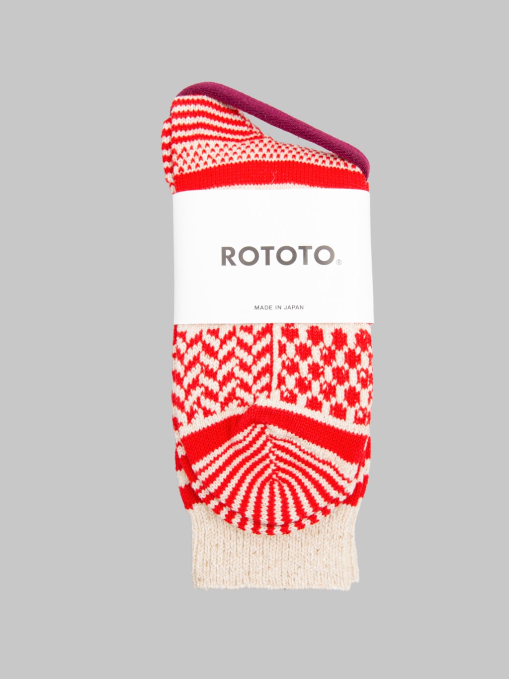 ROTOTO Multi Jacquard Crew Socks Ivory / Red | Made in Japan